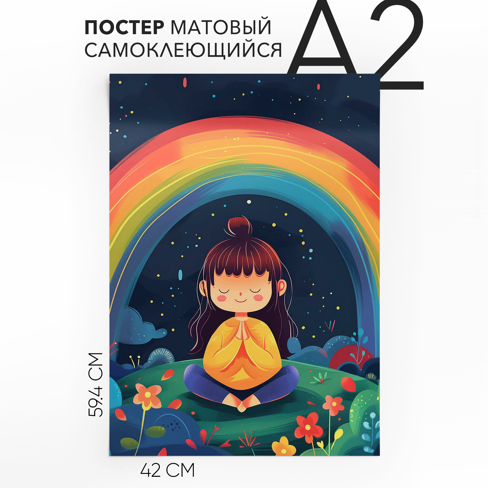 Картины постеры на стену, детский, большой A2 Девочка и радуга, влагостойкий, для декора