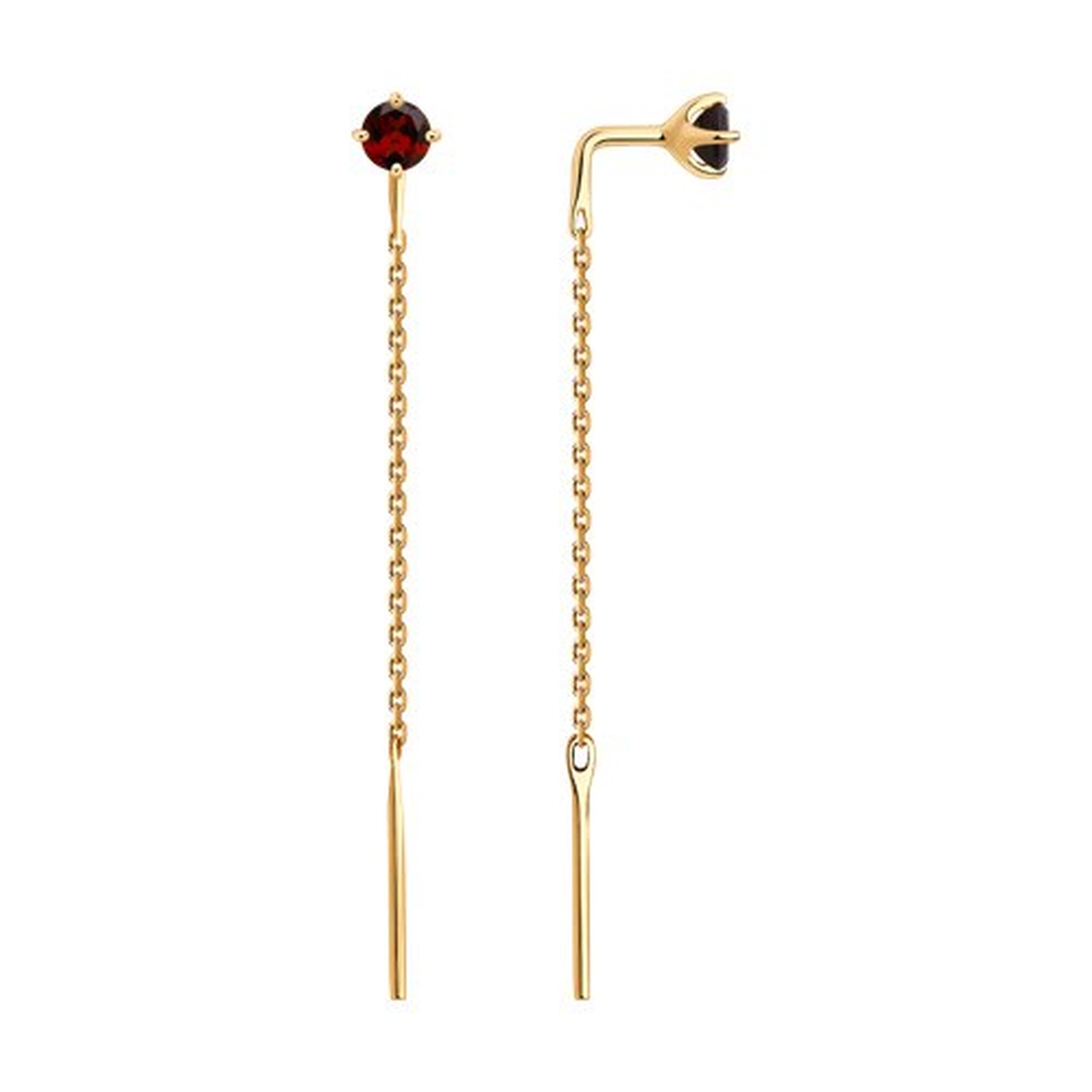 Серьги цепочки, красное золото, 585 проба, гранат