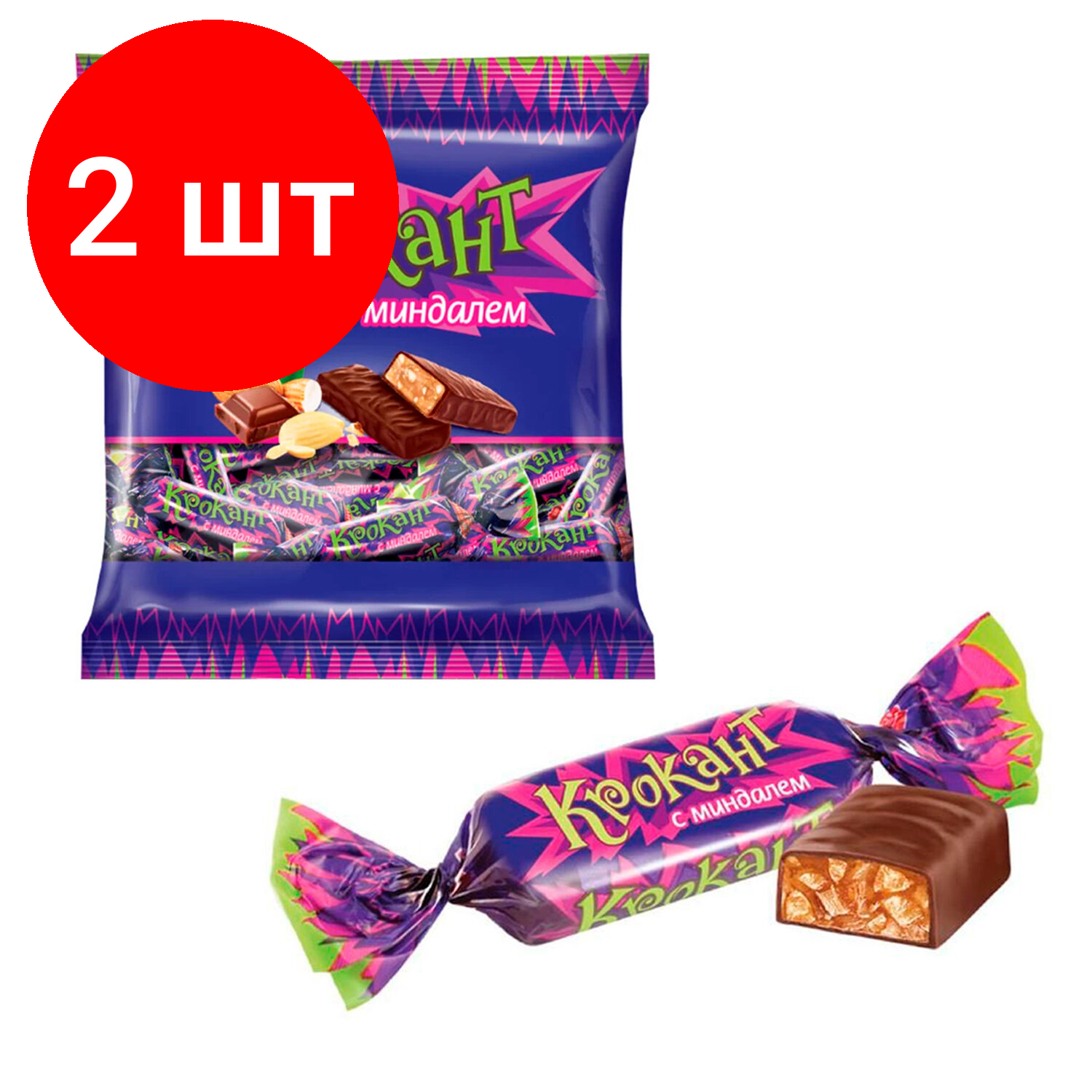 Комплект 2 шт, Конфеты шоколадные яшкино "Крокант", грильяж с миндалём и арахисом, пакет, 500г, ш/к, НК555