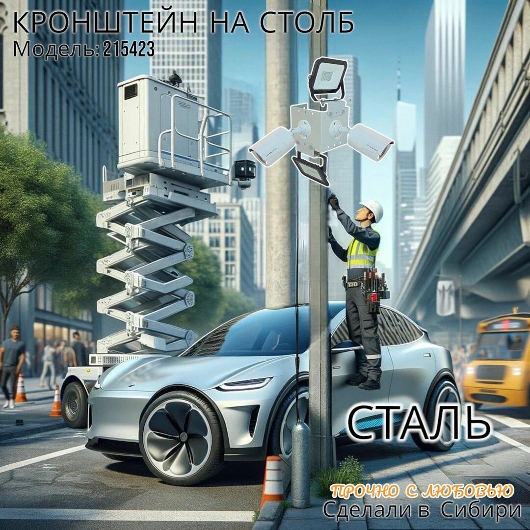 Кронштейн на столб для двух камер с уголками для прожекторов IPAHD-5-215423 сталь, цвет серый, под крепление СИП лентой