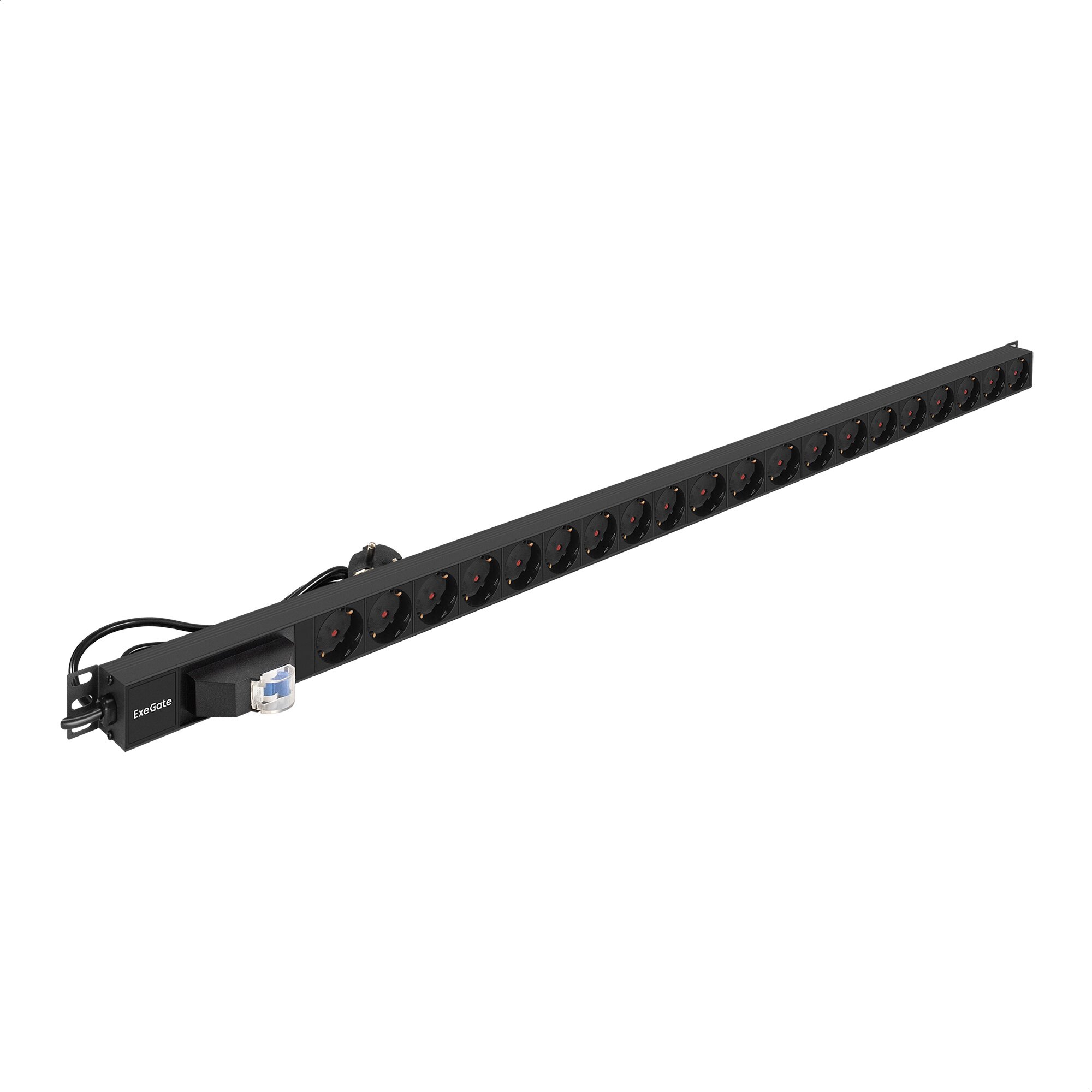 Вертикальный блок розеток с автоматом защиты ExeGate ServerPro PDU-V201 Al-20S-EU3-1P (19", 1U, Алюминий,20 Schuko, кабель с евровилкой VDE-250V-16A-3*2.5mm2, медь, 2.8 метра, автомат защиты, черный, RTL) EX296173RUS