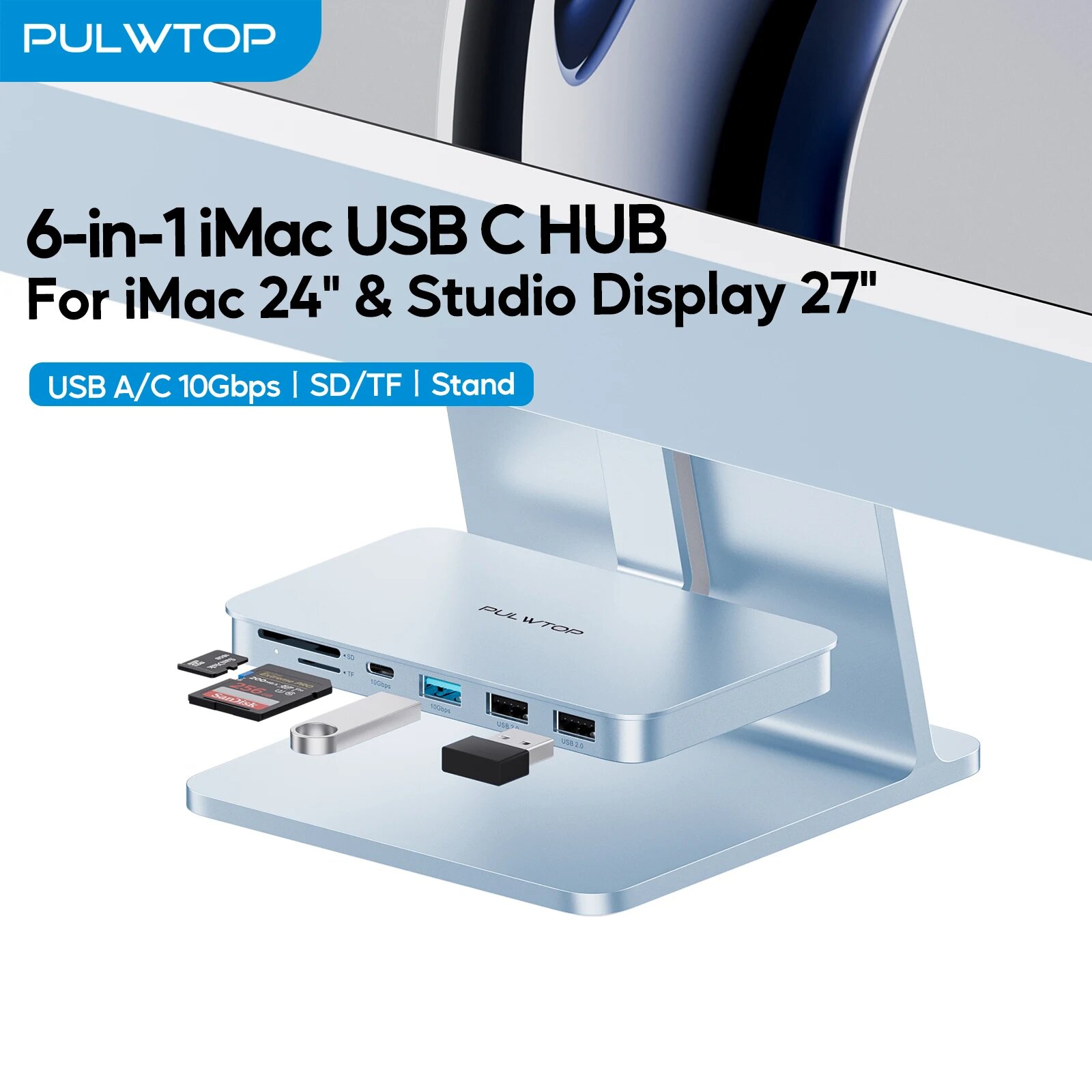 PULWTOP USB-C хаб 6-в-1 для iMac 24" Blue