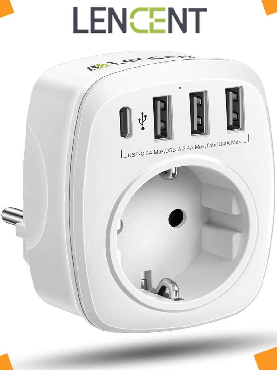 USB-розетка LENCENT 5 в 1 сетевая зарядка 4000 Вт 3хUSB 2.4A 1хUSB-С 3A (WL-030-C3U)