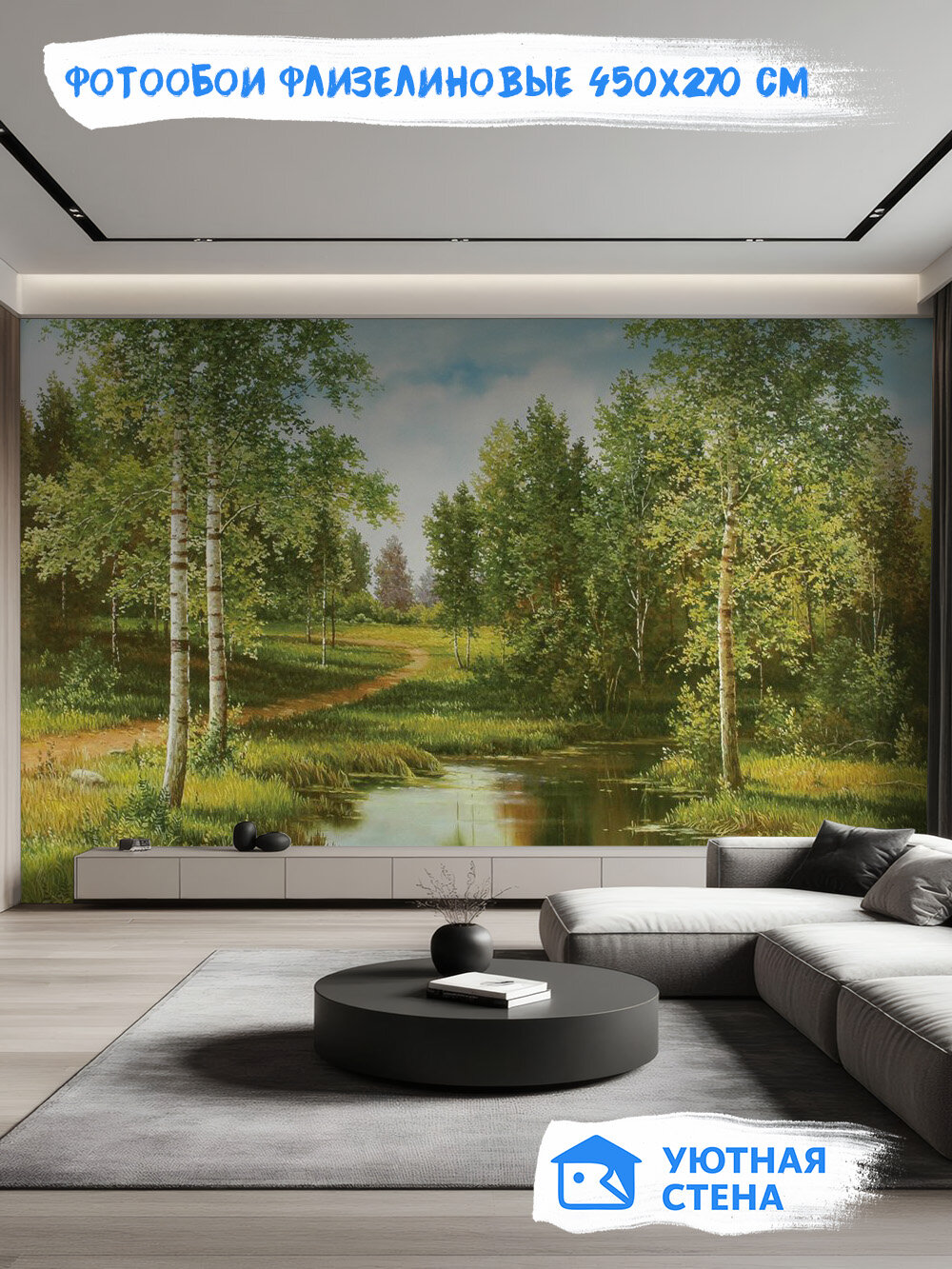 Фотообои Уютная стена "Тропинка вдоль берега реки с березами", флизелиновые, 450х270 см