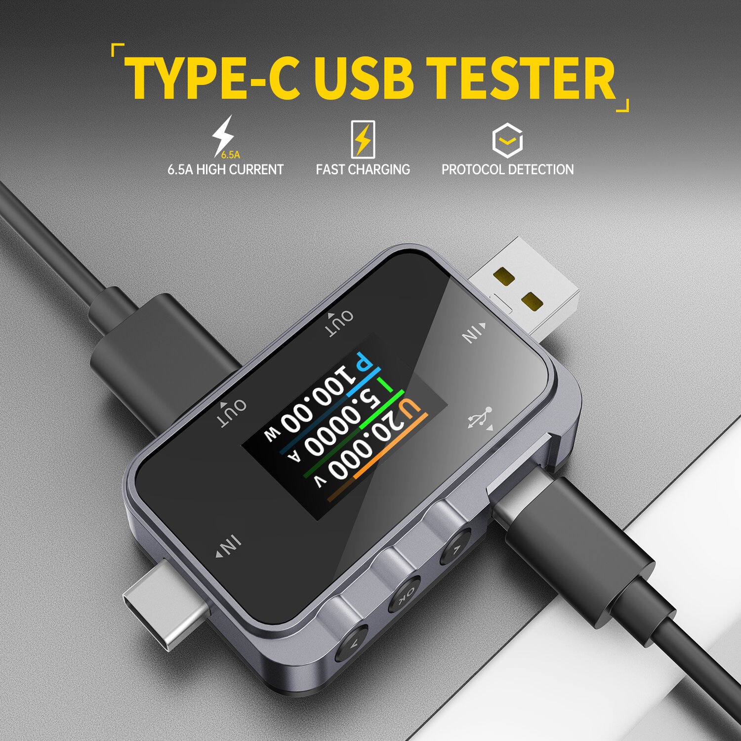 FNAC 28 USB Тестер амперметр вольтметр быстрая зарядка 1 06 дюймовый цветной TFT экран USB A Type C 4 24V 0 6 5A
