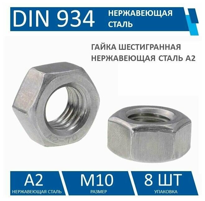 Гайка M10 нержавеющая сталь A2 DIN 934, блистер 8 шт