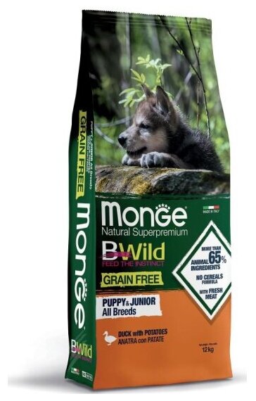 Корм сухой беззерновой для щенков всех пород Monge Dog BWild GRAIN FREE Puppy & Junior из мяса утки с картофелем 12 кг