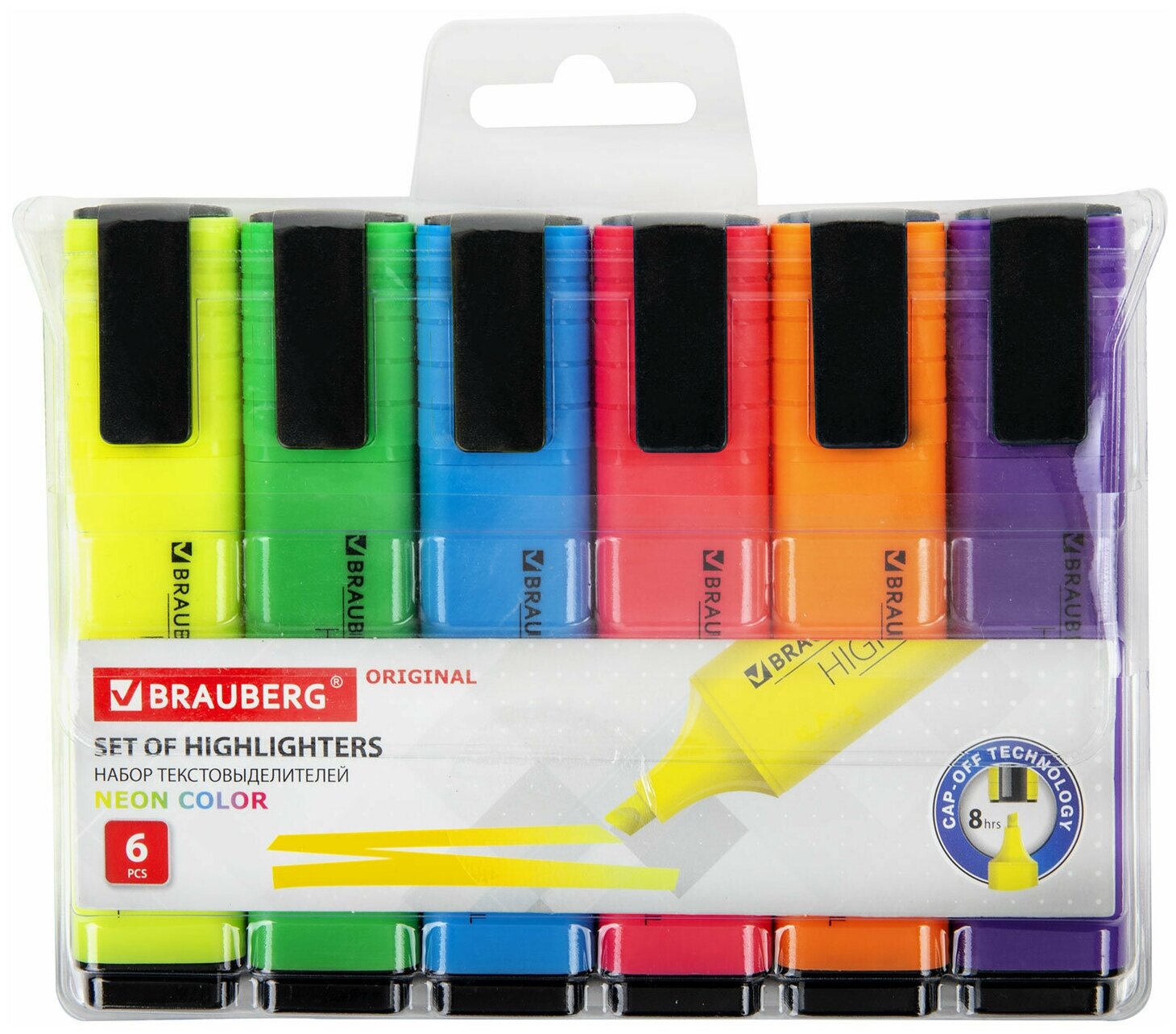 Набор текстовыделителей 6 цветов, BRAUBERG "ORIGINAL NEON", линия письма 1-5 мм, комплект из 4 шт, 152216