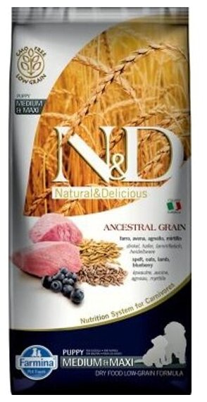 Корм сухой для собак Farmina N&D низкозерновой ягненок, спельта, овес и черника для щенков медиум & макси 12 кг