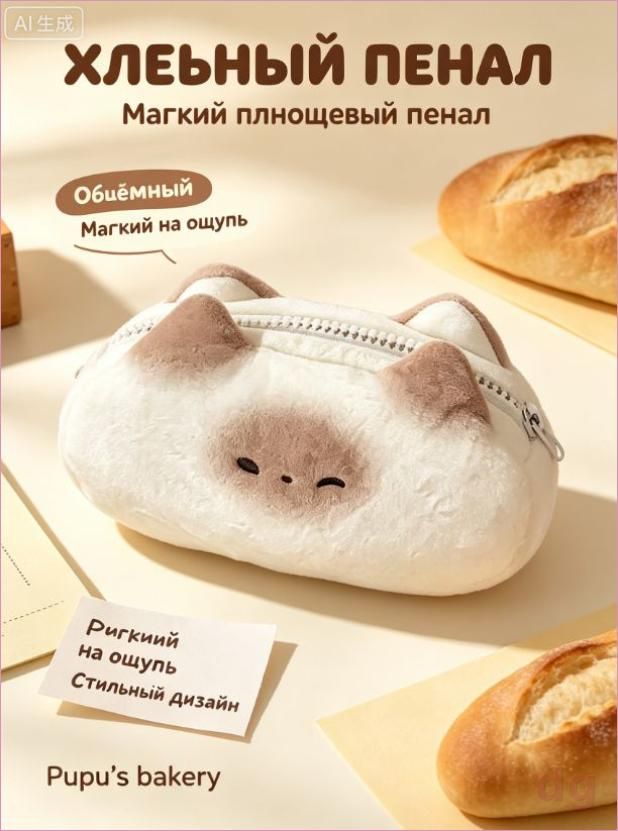 Мягкий плюшевый пенал‑булочка с мордочкой котика, объёмный, очень приятный на ощупь
