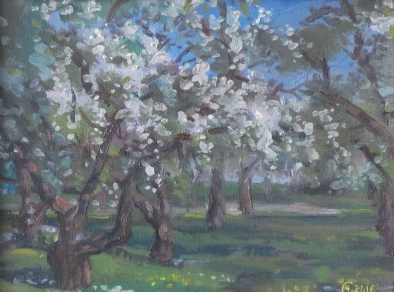 ART-Salon at Oktyabrskaya картина авторская "Яблони цветут", 20х26 см, холст/масло
