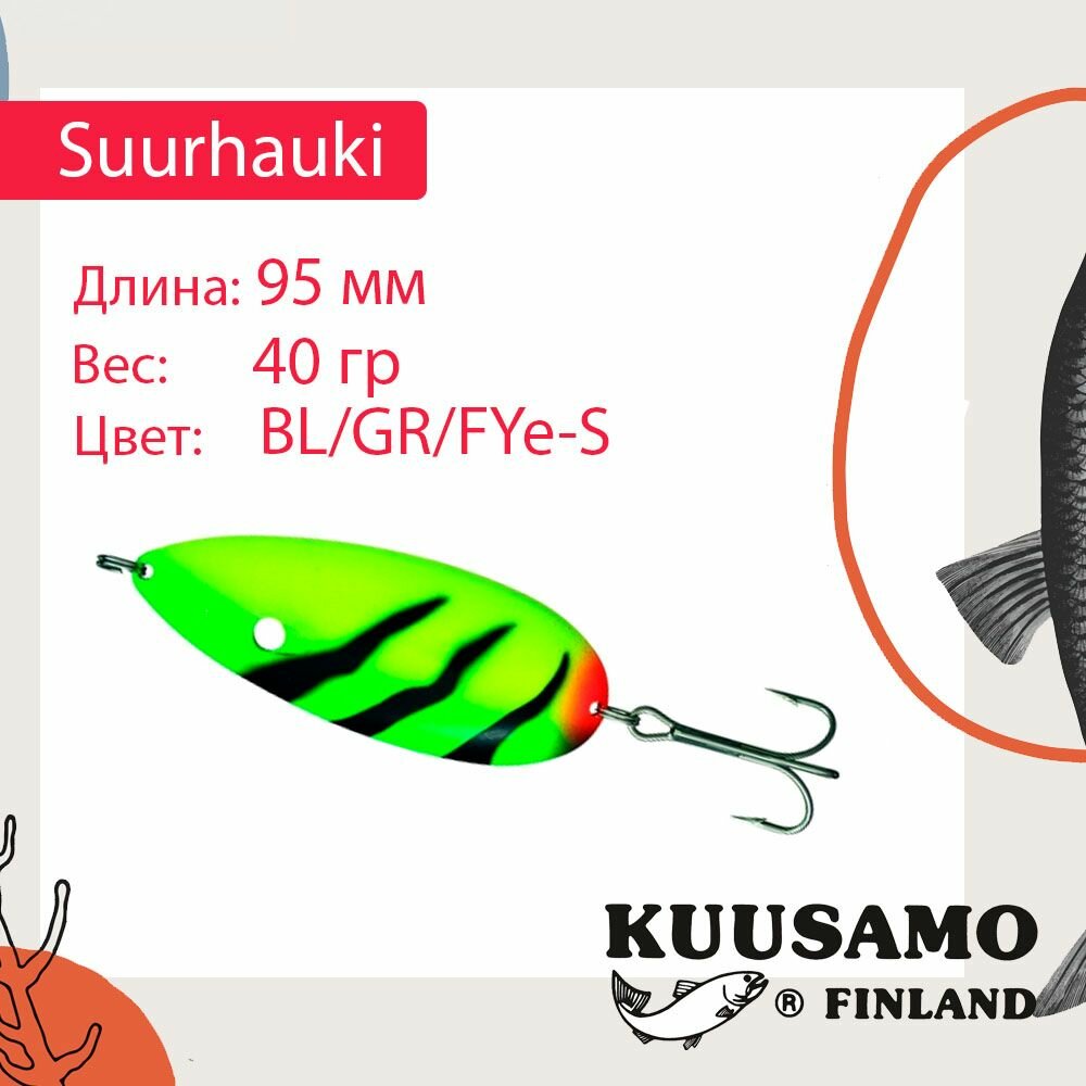 Блесна для рыбалки Kuusamo Suurhauki 95/40 BL/GR/FYe-S (колеблющаяся)