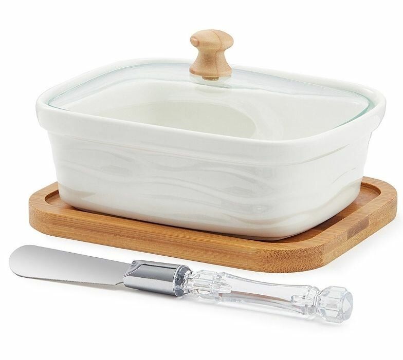 Масленка фарфоровая со стеклянной крышкой с ножом и подставкой из дерева