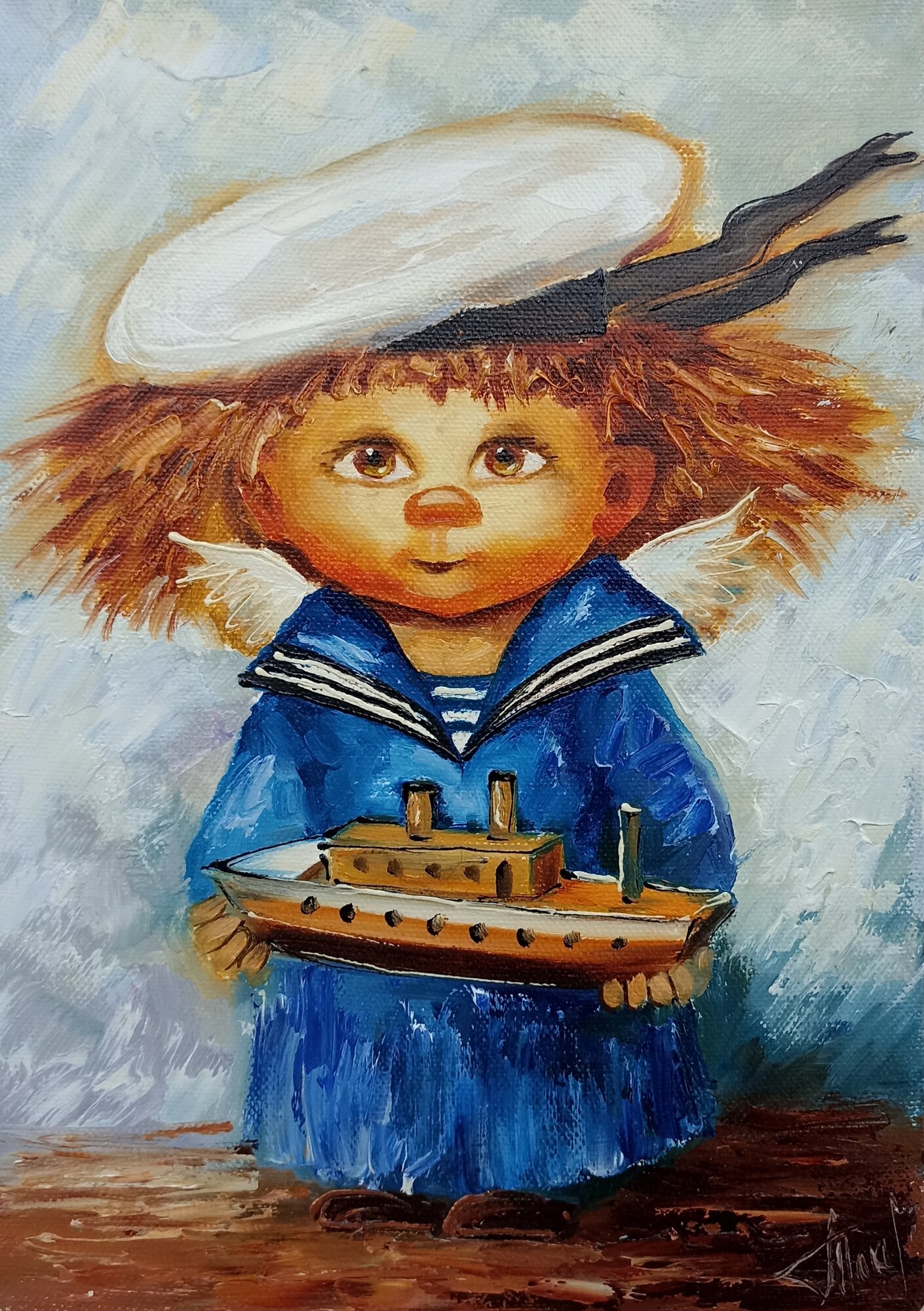 100% ручная работа, 100% живопись. Художественная мастерская "Грёзы". Картина маслом на холсте " Морячок " из серии "Ангелочки". 20х30 см.