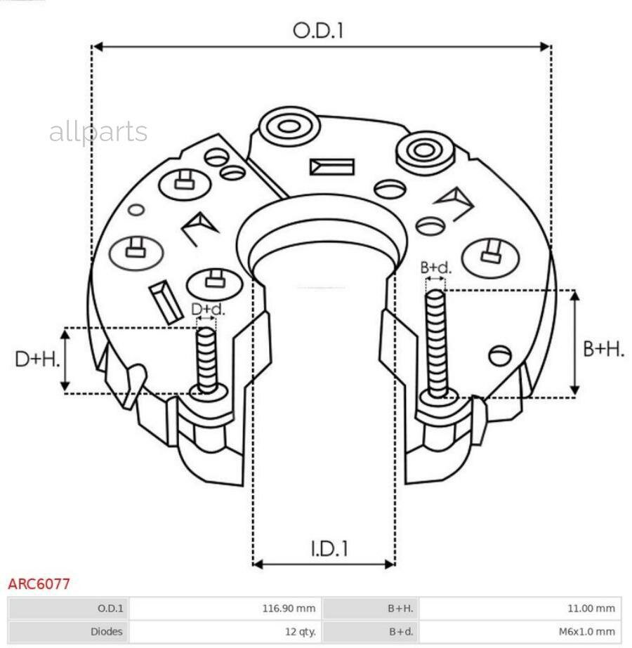 AS ARC6077 Диодный мост генератора LEXUS GS300 3.0 05-11 3GRFSE/TOYOTA AVENSIS 2.0D 01-05 1CDFTV/FORD FOCUS 2.0