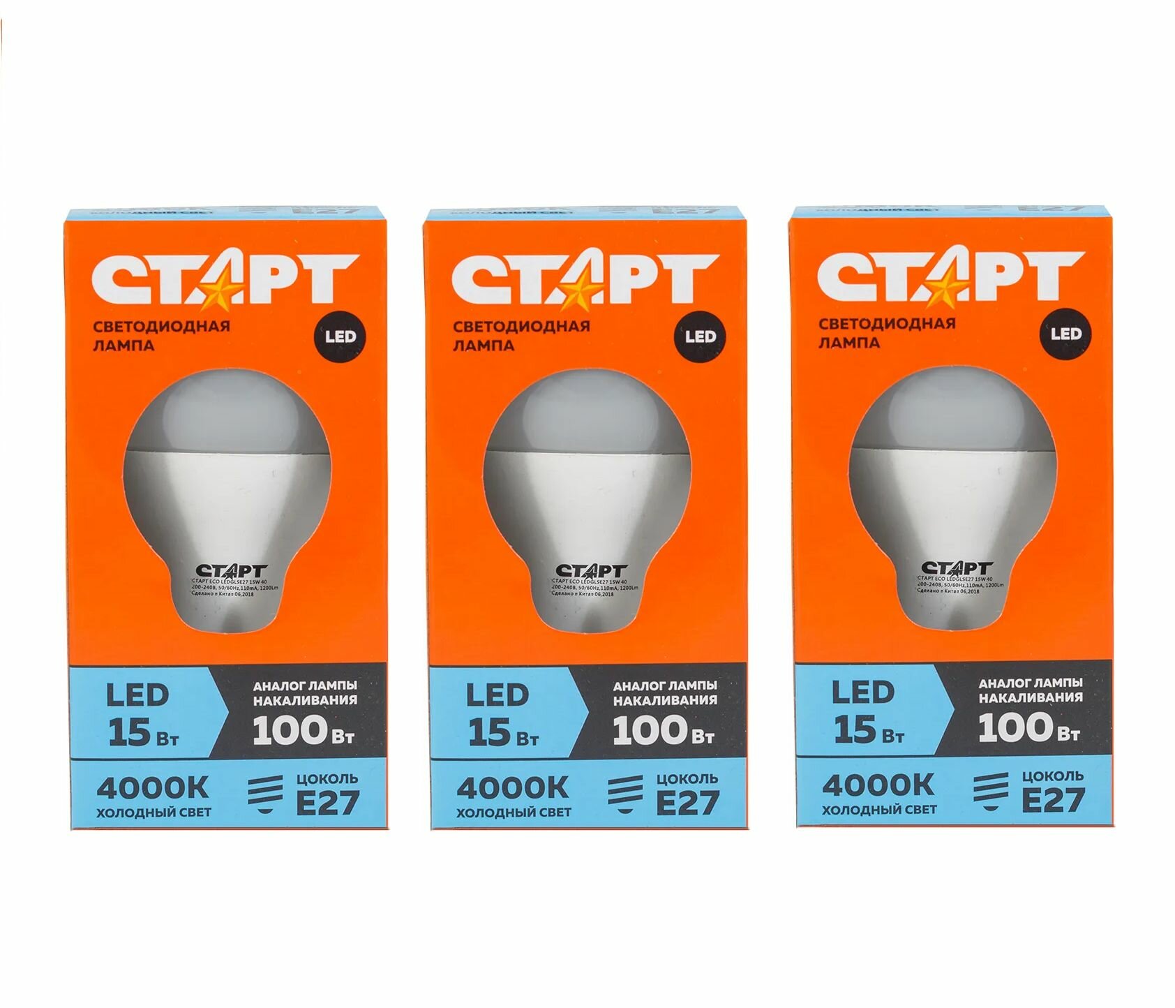 Старт Лампочка светодиодная, холодный свет, цоколь E27, 15W, 3 уп