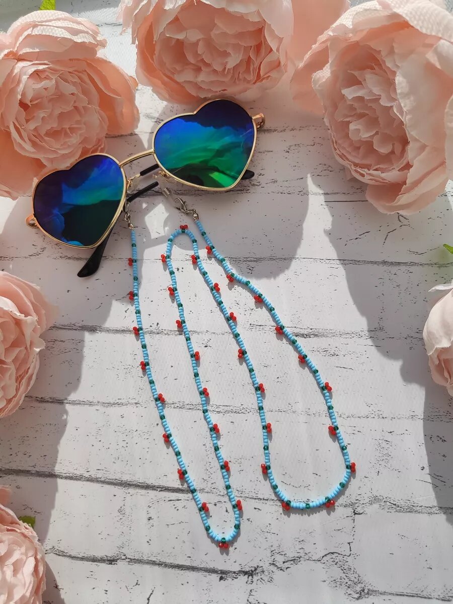 Цепочка для очков голубая с Вишенками