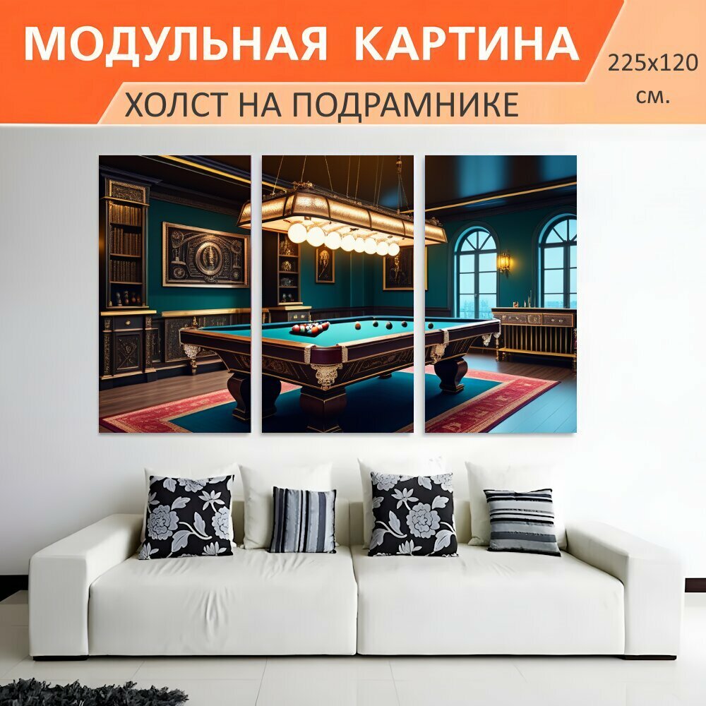 Модульная картина на холсте "Бильярдная в стиле стимпанк" триптих на подрамнике 225х120 см. для интерьера