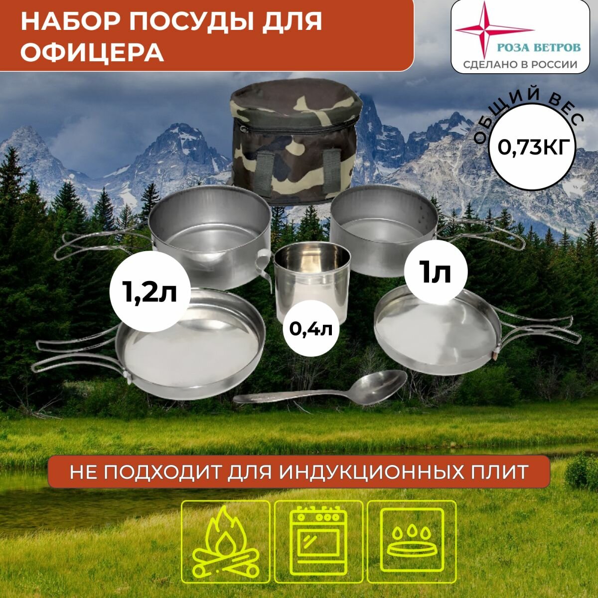 Набор туристической посуды для офицера (нерж) Роза ветров