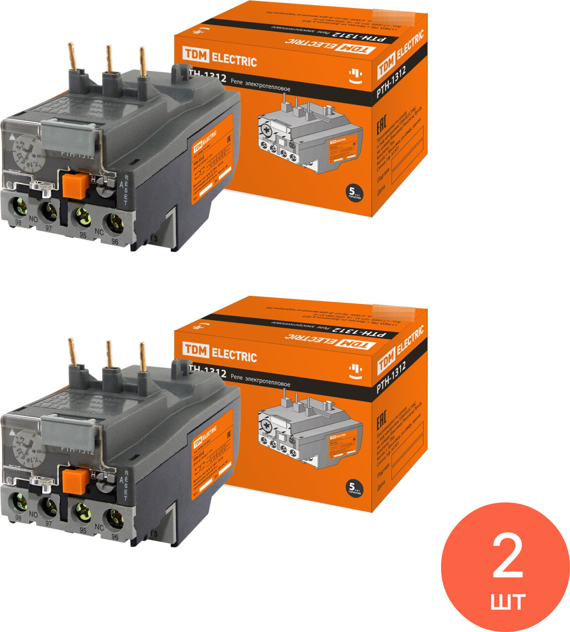 Реле электротепловое TDM Electric / ТДМ Электрик РТН-1312 винтовое соединение, пластиковый корпус, черный 92х44х47мм, 5.5-8А, SQ0712-0007 / электрика (комплект из 2 шт)