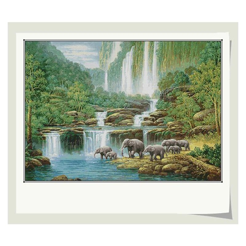 Набор для вышивки крестом CHERISH ROSE EMBROIDERY "Слонский рай, сказочный водопад, лес", 14CT 18CT White Canvas