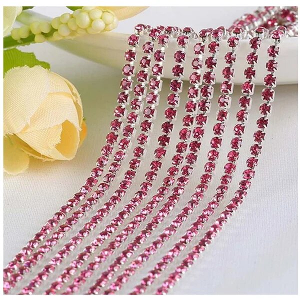 Цепочка страз Beadia 1 метр серебряная SS6-SS12 Розовый, width 2.5mm, Fuchsia