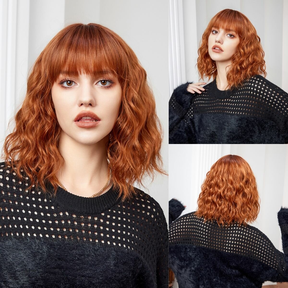 Парик женский с челкой, рыжие кудрявые волосы средней длины, 40 см, искусственные волосы