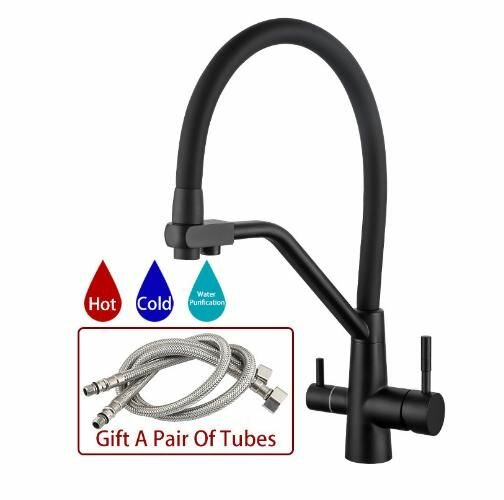 Смеситель для кухни под фильтр и краном для питьевой воды с гибким силиконовым поворотным изливом черный, латунь/силикон.