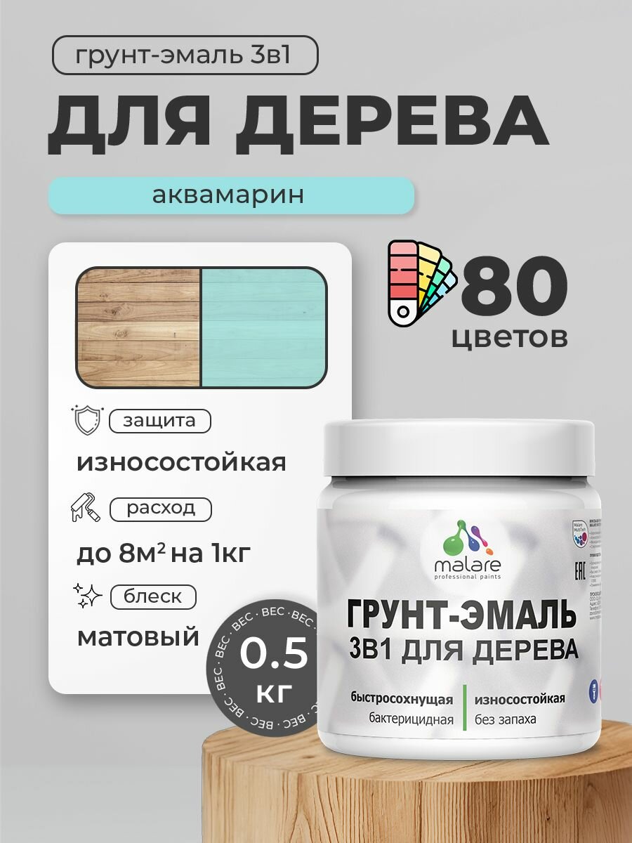 Акриловая Грунт-Эмаль 3 в 1 Malare для деревянных поверхностей/ краска по дереву с антисептическим эффектом/ быстросохнущая моющаяся без запаха матовая, аквамарин, 0.5 кг