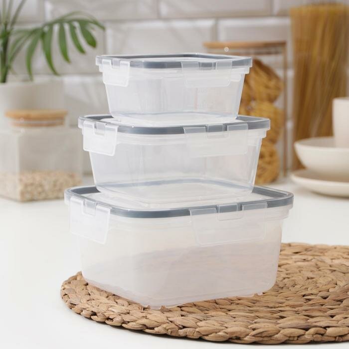 Комплект контейнеров для продуктов Idiland зашелка, герметичные, 3 шт, квадратные, прозрачные
