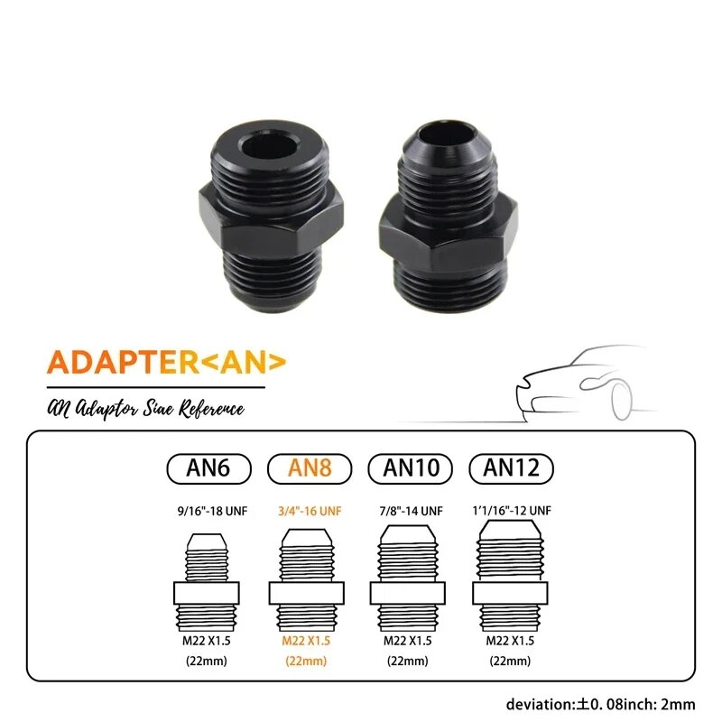 2 шт. прямой адаптер для уплотнительного кольца масляного радиатора, черный алюминий AN6/AN8/AN10/AN12, штекер на M22 x 1,5 на метрическое 14/19/22/27 мм AN8