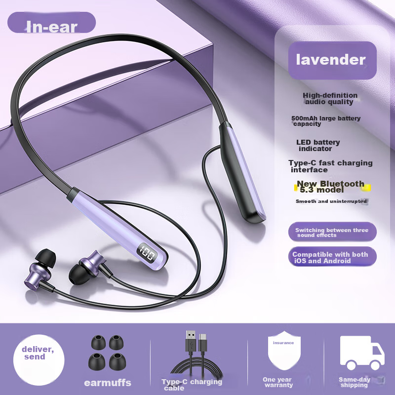 Changao Bluetooth Earphones, Neckband Style, Wireless, for Sports And Running, Long Battery Life, In-Ear, Waterproof And Sweat-Resistant, Compatible with Apple, Huawei, OPPO, Xiaomi, Vivo, Purple