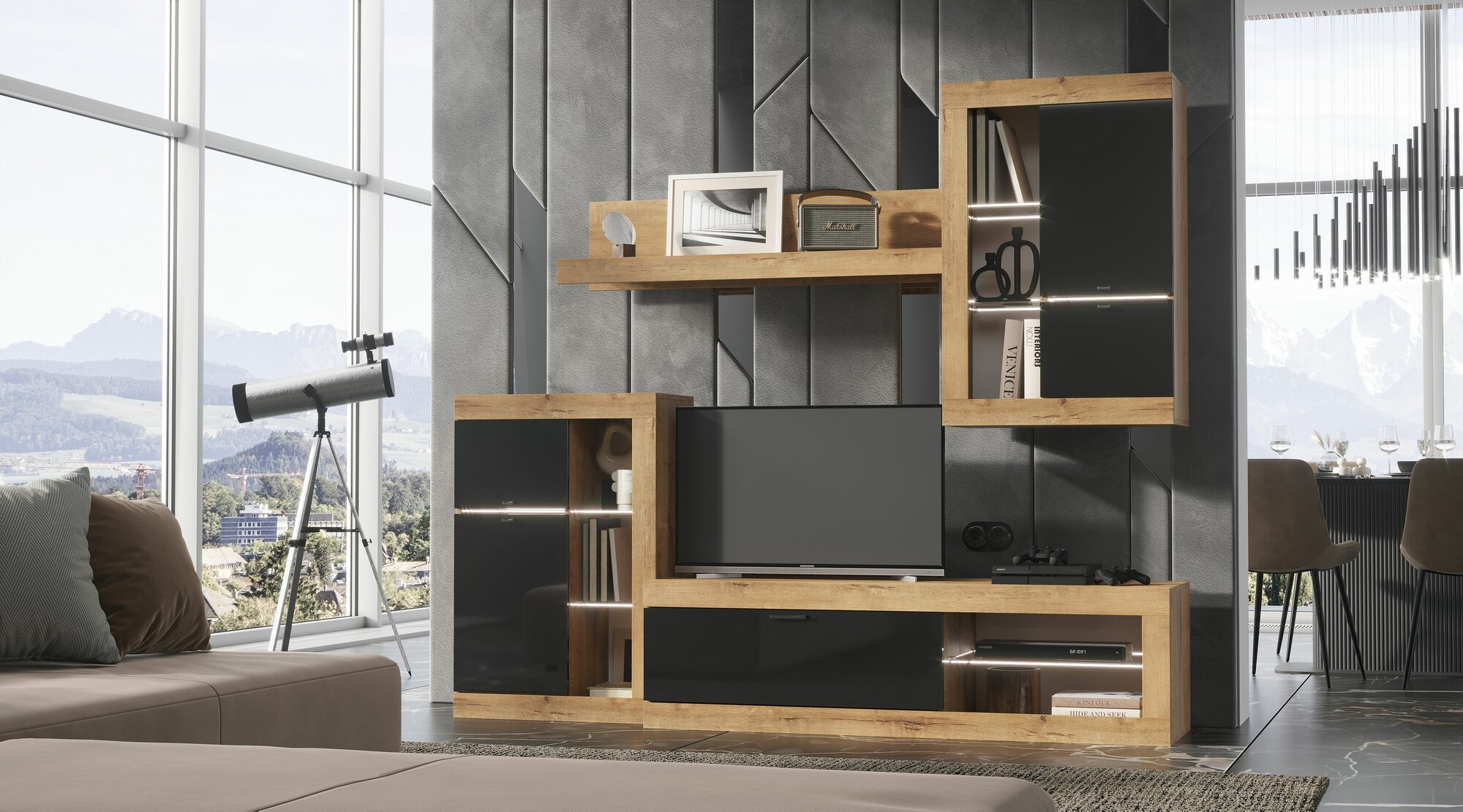 Комплект мебели для гостиной Прага (комп 37) Дуб Вотан/Черный глянец