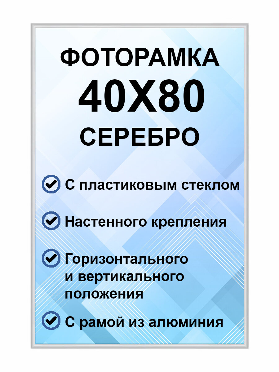 Фоторамка металлическая серебристая для постера, картины, фотографии 40х80 см