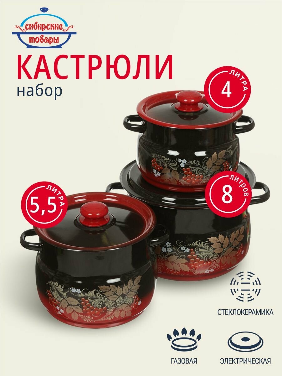 Набор посуды эмалированная сталь, 6 предметов, кастрюли 4,5.5,8 л, Сибирские товары, Рябинка 11, N11L05