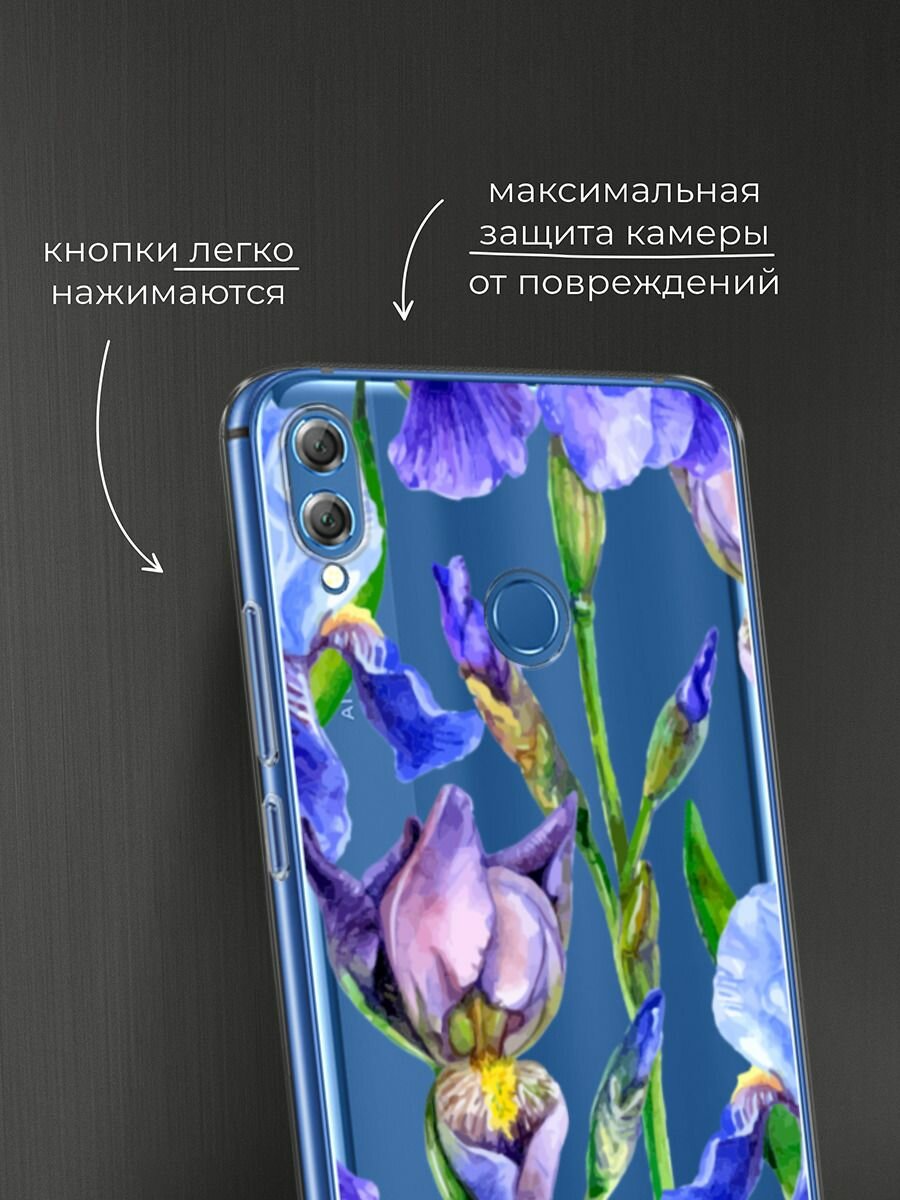 Чехол на Honor 8X / Хонор 8Х с принтом "Синие ирисы", прозрачный — фото 1