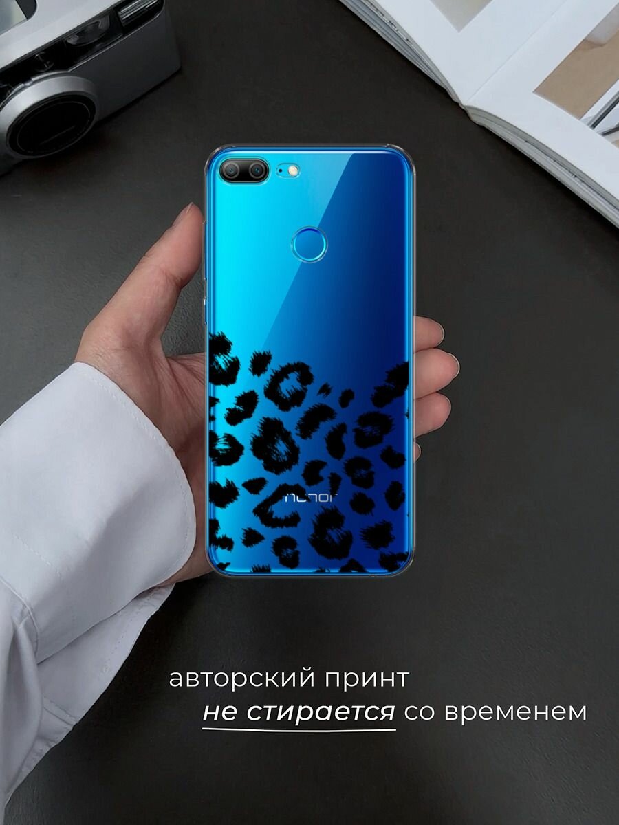 Чехол на Honor 9 Lite / Хонор 9 Лайт с принтом "Окрас леопарда фон черный", прозрачный — фото 1