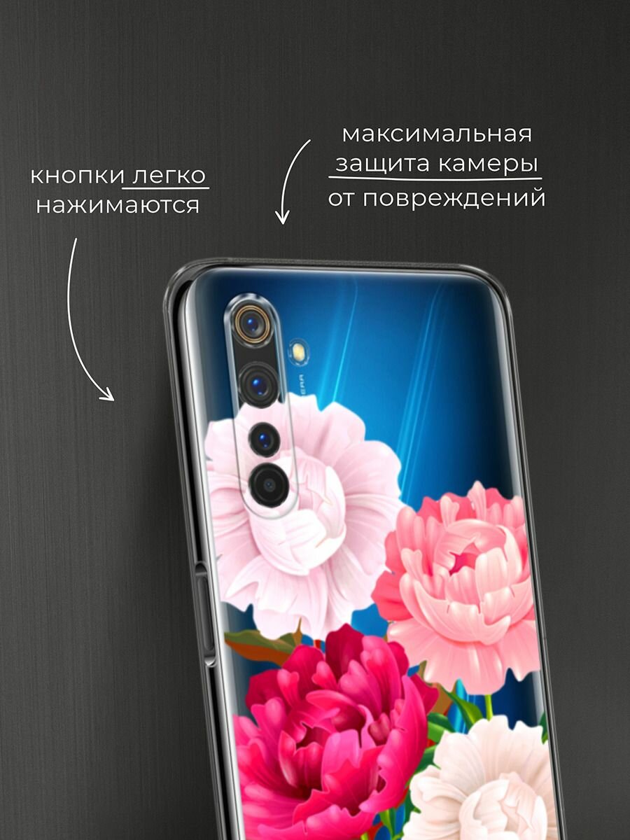 Чехол на Realme 6 Pro / Реалми 6 Про с принтом "Большие пионы", прозрачный — фото 1
