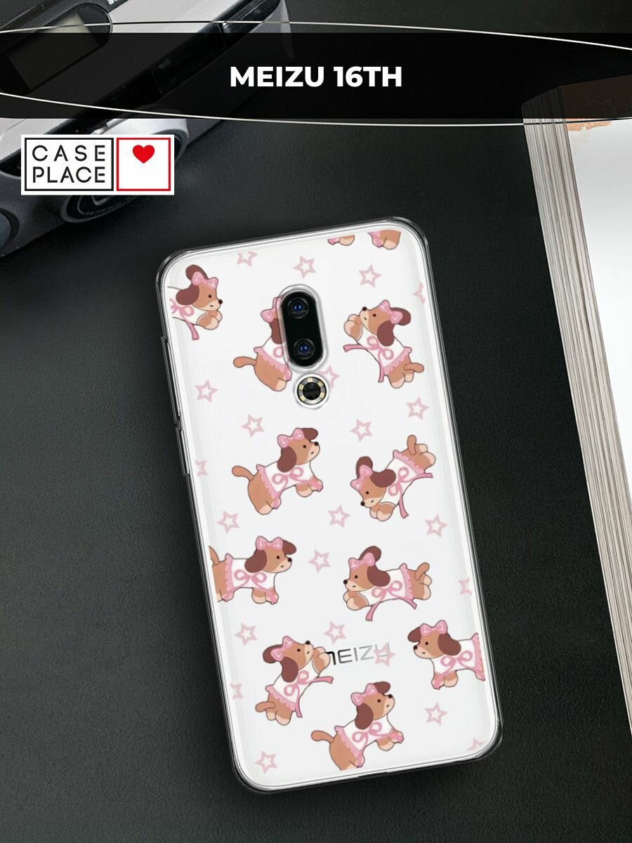 Чехол на Meizu 16th / Мейзу 16th с принтом "Милый щенок с бантиком", прозрачный