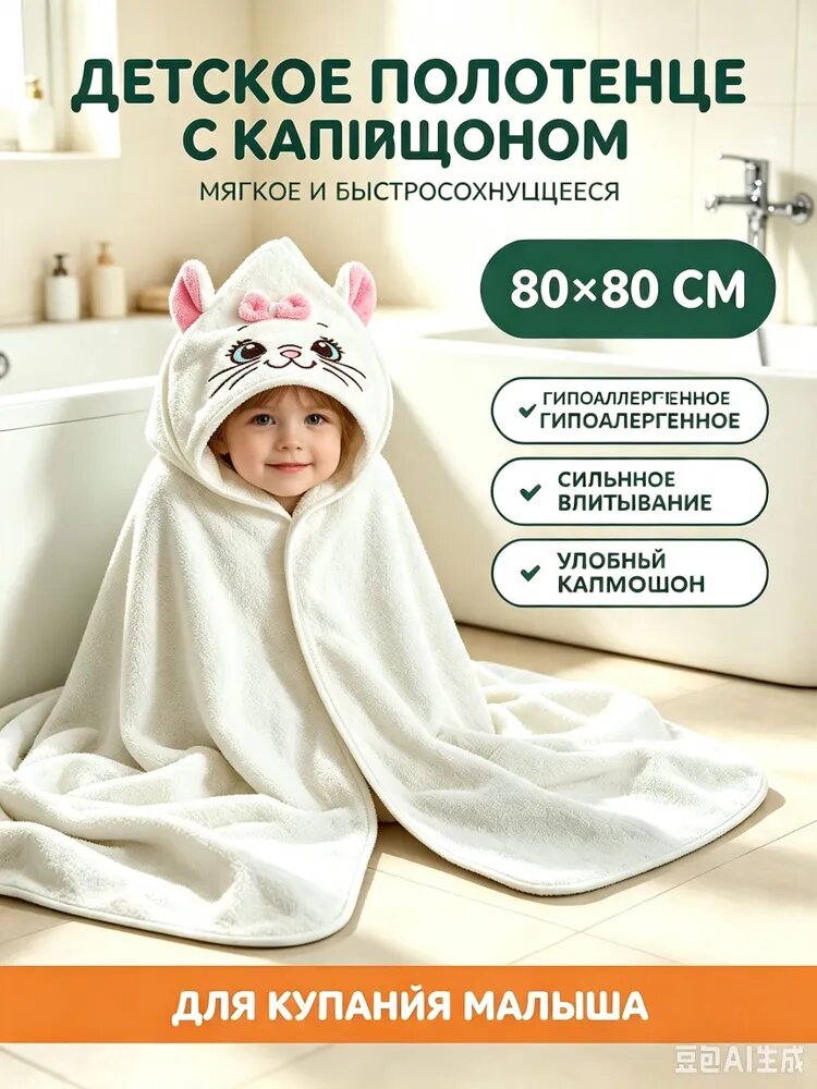 Полотенце детское 80x81 см, махровая ткань, слоновая кость, 1 шт