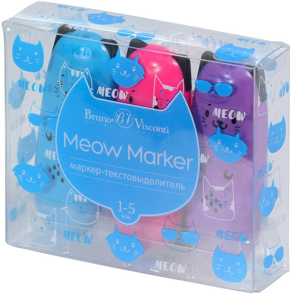 Набор текстовыделителей Meow Marker, 3 штуки, неоновый фиолетовый, розовый, голубой