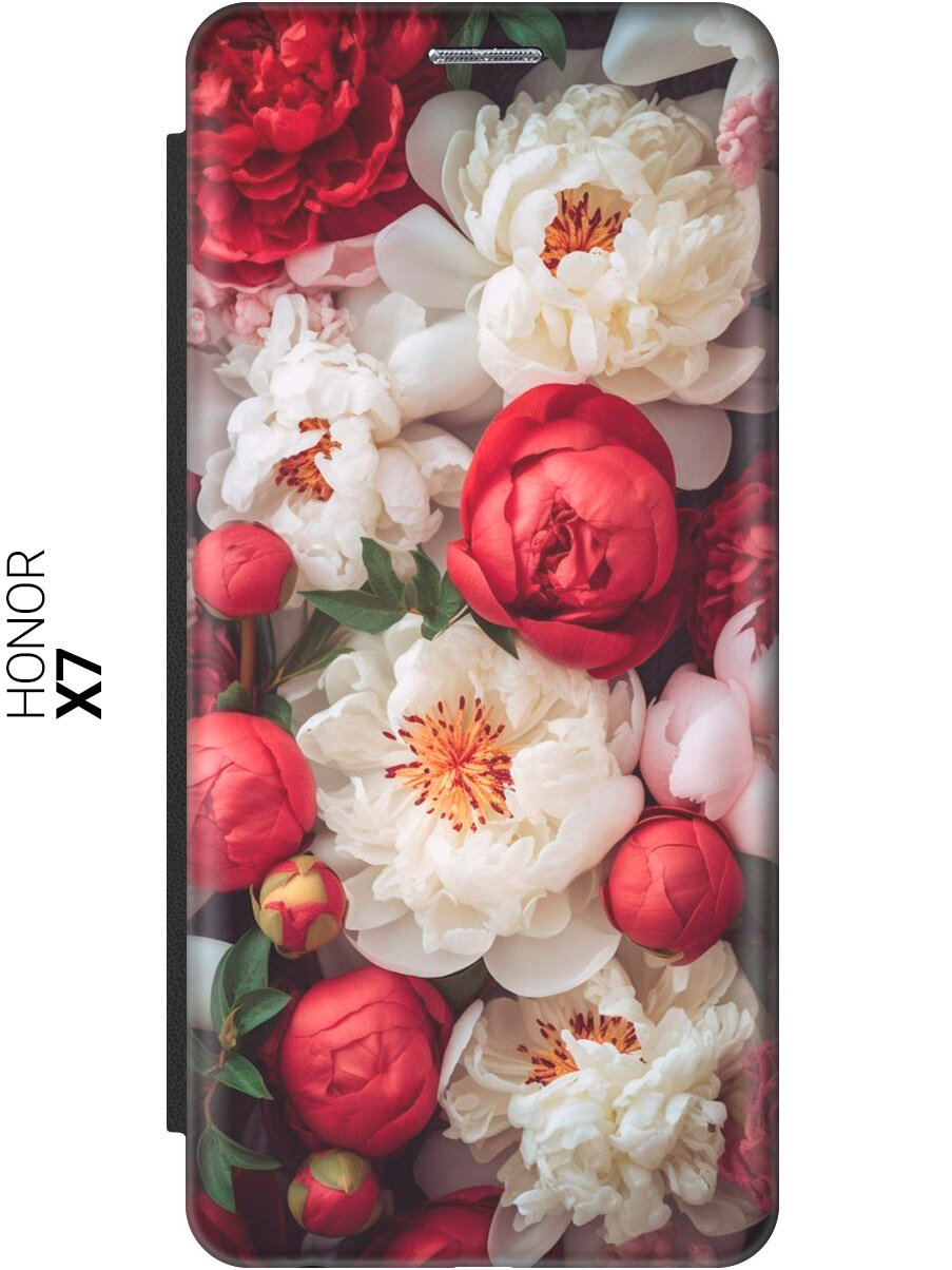 Чехол-книжка на Honor X7 / Хонор Х7 с рисунком "Бело-красные пионы" черный