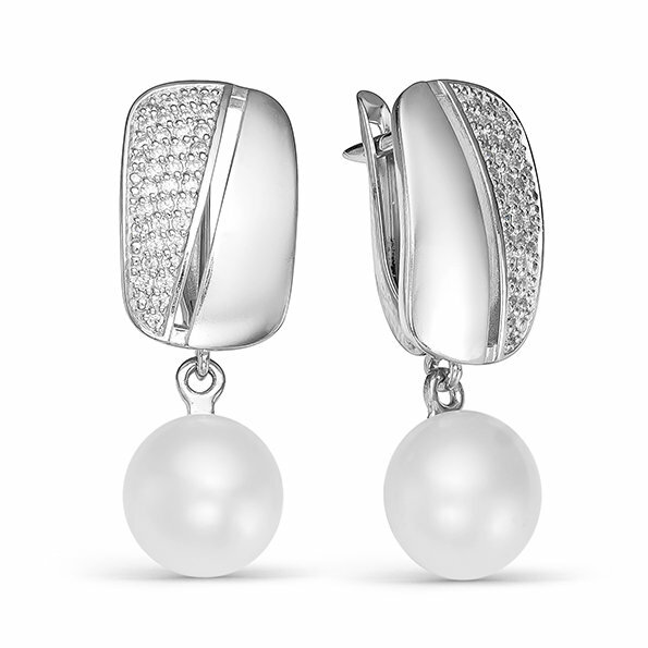Серьги, серебро, 925 проба, жемчуг, фианит