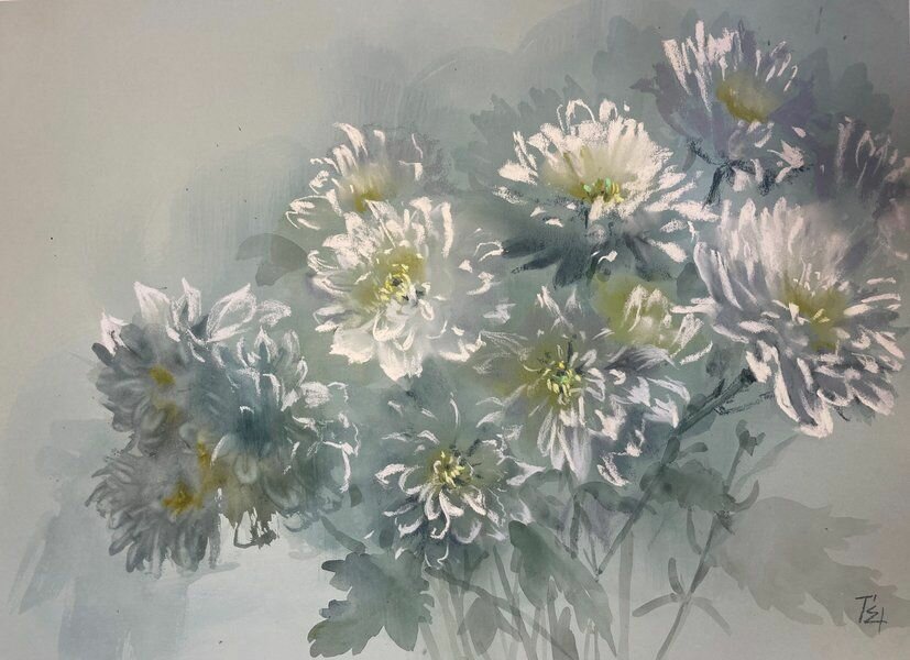 ART-Salon at Oktyabrskaya "Белые хризантемы" 33х49 см; бумага, акварель, пастель; ручная работа
