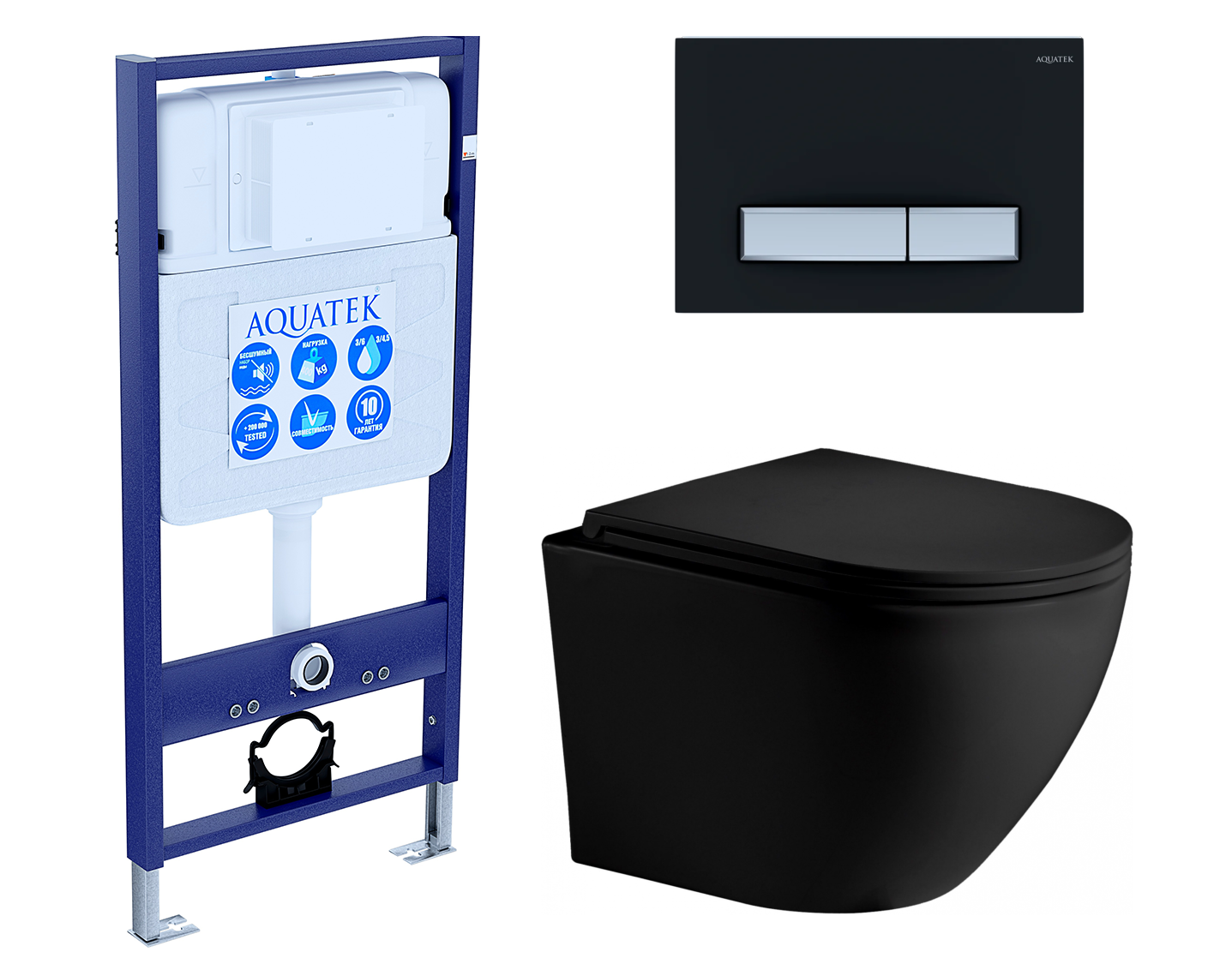 Комплект 3 в 1 инсталляция Акватек Standart 50 + Унитаз подвесной Weltwasser WW Merzbach 043 MT-BL черный с кнопкой черной хром INS-0000012 + 10000008255 + KDI-0000031