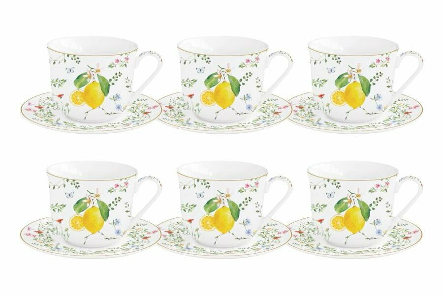 Набор 6 чашек с блюдцами Цветы и лимоны, 0,37 л (Easy Life, Китай)