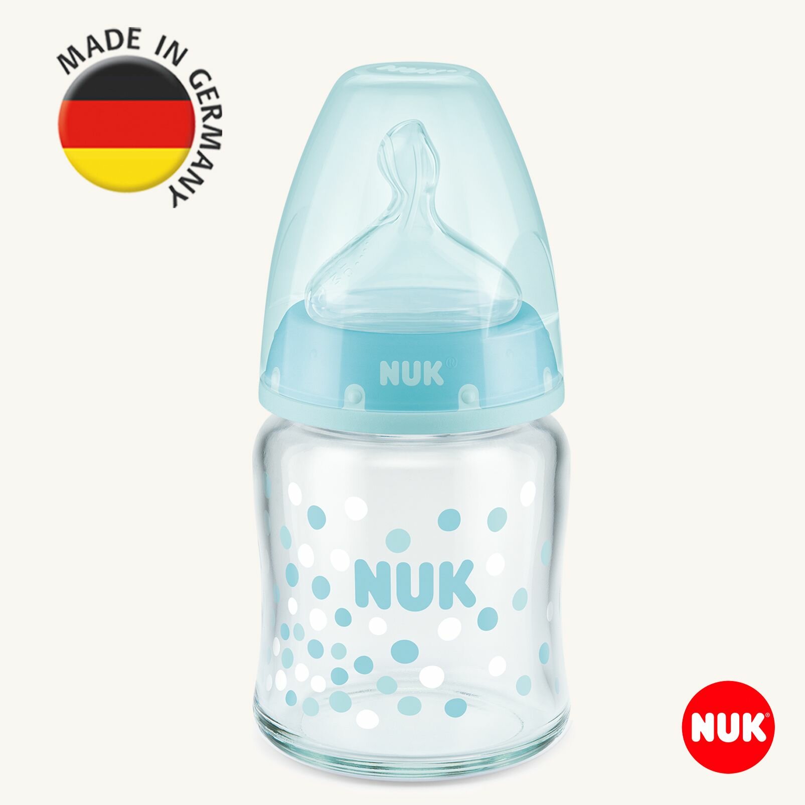 NUK FC+ Бутылочка из стекла 120 мл с сос. из сил. с отв. М, разм.1, бирюзовый