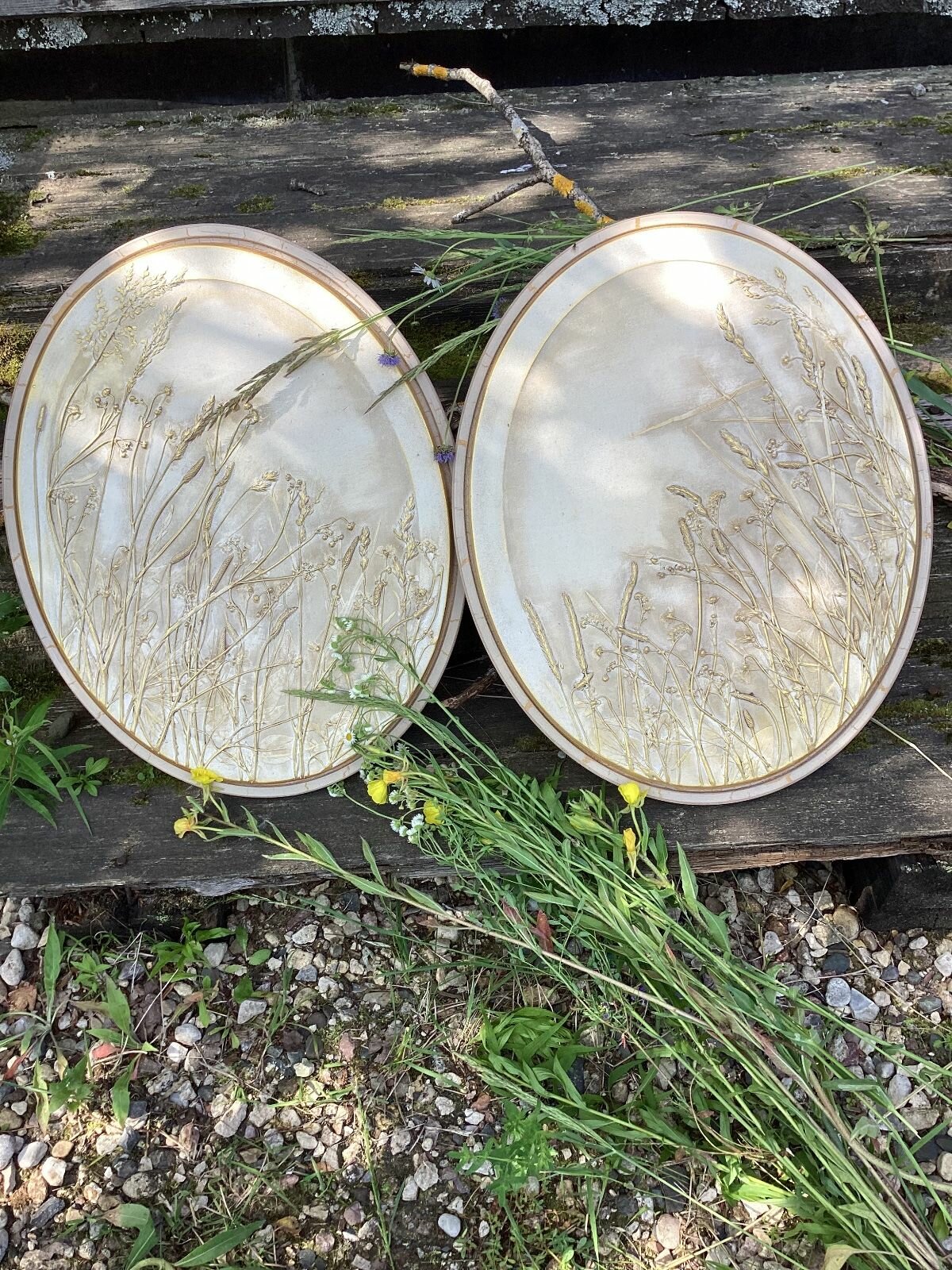 Картина из гипса, декор на стену, украшение интерьера, ботанический барельеф, панно "Сельское настроение", ручной работы, 50х40х1.5 см (комплект из 2 предметов)