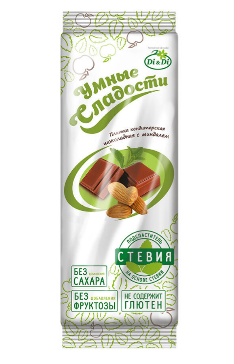 Шоколадная плитка Умные сладости, с миндалем, 90 гр
