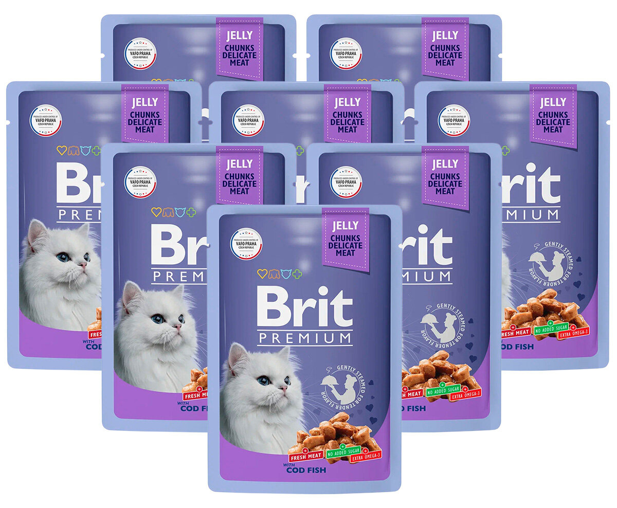 Корм влажный Brit Premium для взрослых кошек c треской пауч кусочки в желе, 85 г х 8 шт